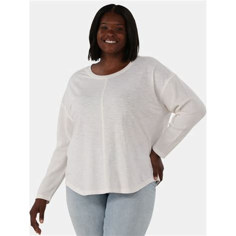 Terra And Sky Womens Plus Size Textured Scoop Neck Top With Long Sleeves
