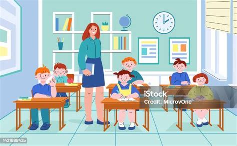 학생과 교사 그룹 강의 교실에서 평평한 어린이 강의에 학교 또는 대학에서 행복한 학생 만화 교육 킥 벡터 일러스트 레이 션 개념에 대한 스톡 벡터 아트 및 기타 이미지