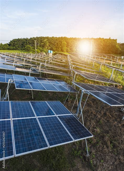 Solar Panels Solar Cell In Solar Farm With Sun Lighting To Create The
