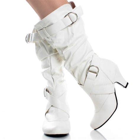 New Sexy Womens Mid Calf Faux Leather White High Heel Slouch Boots Ebay
