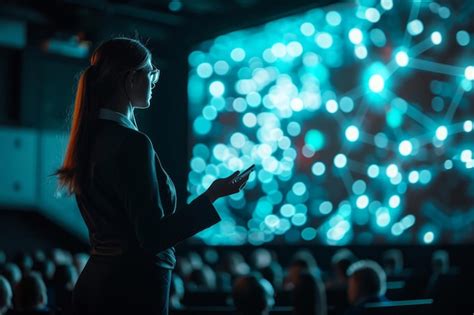 Premium Photo Female Teacher Presenting Data Science With Ai Neural Network In Dark Auditorium