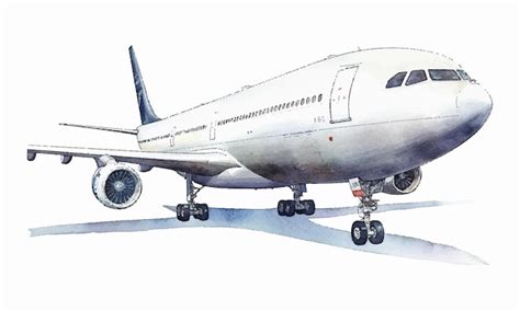 Avião voando na ilustração em aquarela de céu nublado decola da pista do aeroporto durante