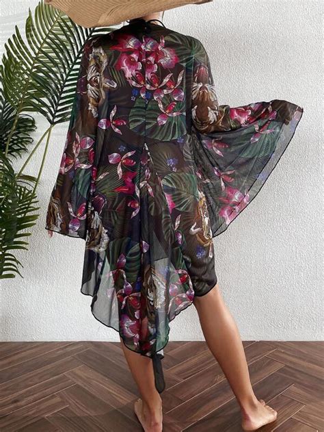 Tropical Print Asymmetrical Hem Sheer Mesh Cover Up Dress Shein Uk