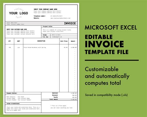 Editable Excel Invoice Template Clean Simple Professional Design Digital Download Black And