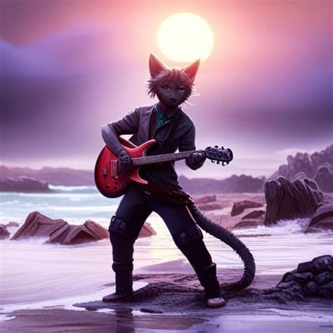 Black Catboy Playing E Guitar On The Beach 02 By Alexxxthedudexxx On