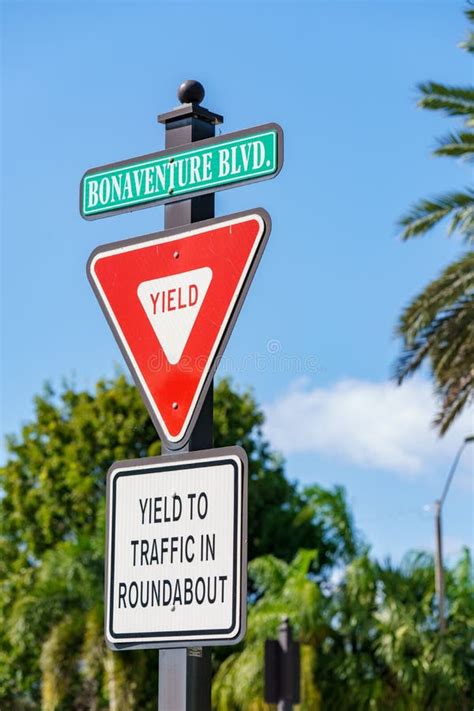 Yield Sign At A Traffic Circle Roundabout Bonaventure Blvd Weston FL