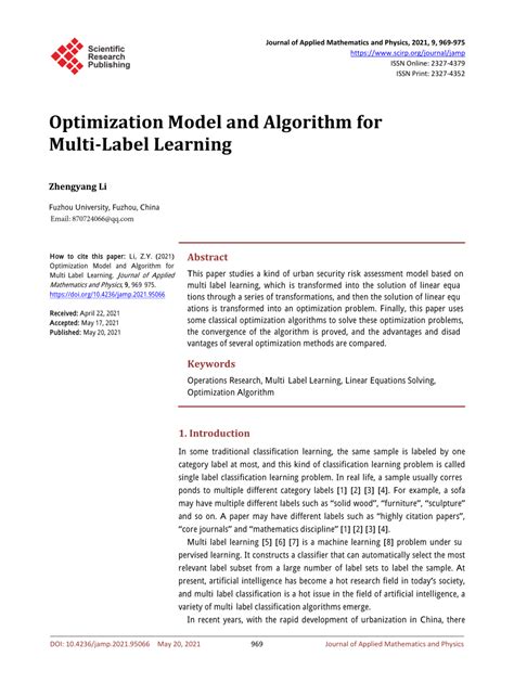 Pdf Optimization Model And Algorithm For Multi Label Learning