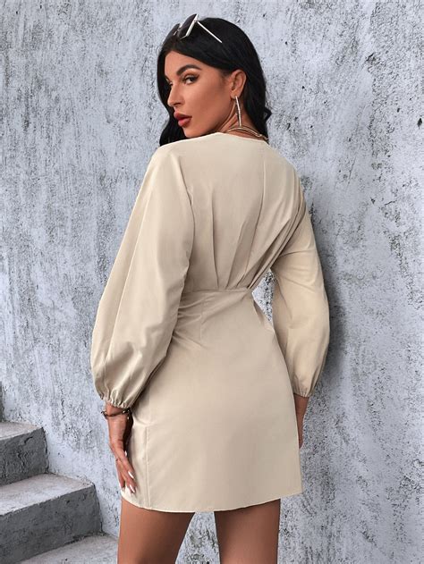 Solid Bishop Sleeve Tie Front Wrap Dress Shein Uk