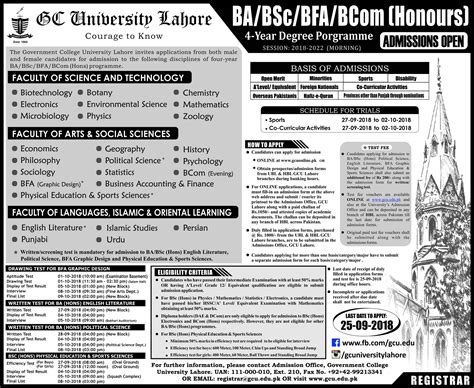GC University Lahore BA BSc B Admission 2018 Form Last Date
