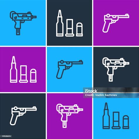 세트 라인 Uzi 기관단총 마우저 및 총알 아이콘 벡터 고풍스런에 대한 스톡 벡터 아트 및 기타 이미지 고풍스런 골동품 구리 Istock