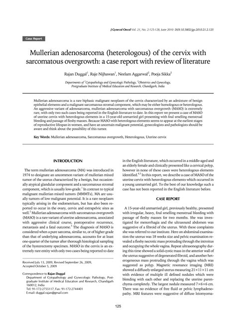 Pdf Mullerian Adenosarcoma Heterologous Of The Cervix With Sarcomatous Overgrowth A Case