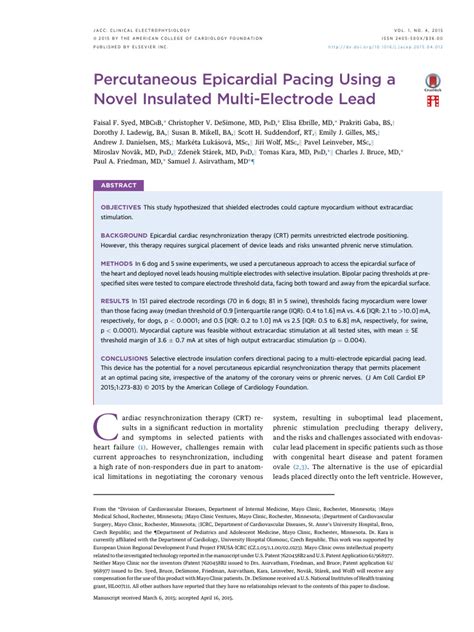Syed Et Al 2015 Percutaneous Epicardial Pacing Using A Novel Insulated Multi Electrode Lead