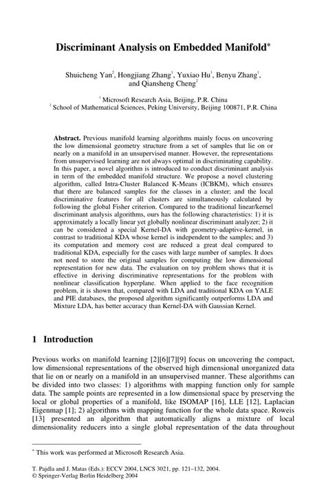 Pdf Discriminant Analysis On Embedded Manifold