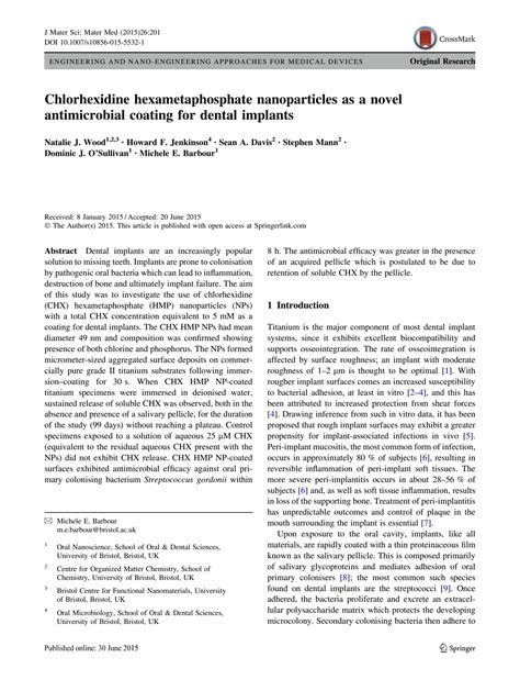 Solution Chlorhexidine Hexametaphosphate Nanoparticles As A Novel Antimicrobial Coating For
