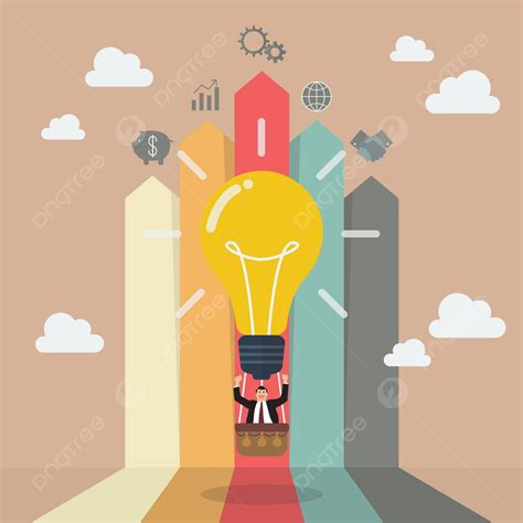 Arrow Bar Chart Riding Businessman Floats On Lightbulb Balloon Vector
