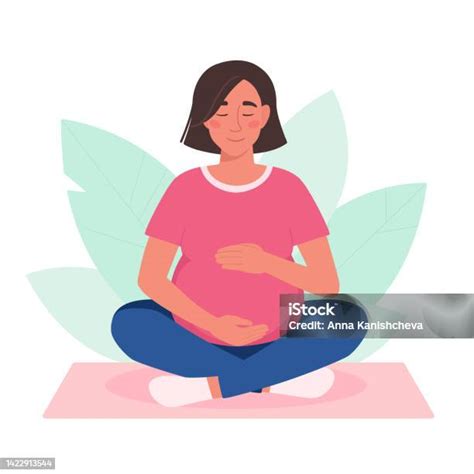임산부는 요가를 연습합니다 소녀는 아사나에 앉아서 명상을합니다 활동적인 임신 싯다사나 매트에 비라사나 평면 스타일의 벡터
