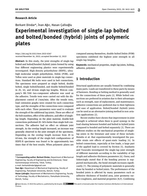 Pdf Experimental Investigation Of Single Lap Bolted And Bolted Bonded Hybrid Joints Of