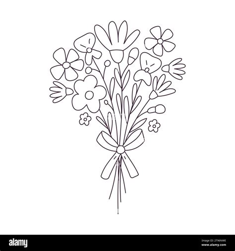 Hand Drawn Bouquet Of Flowers Outline Doodle Vector Black And White