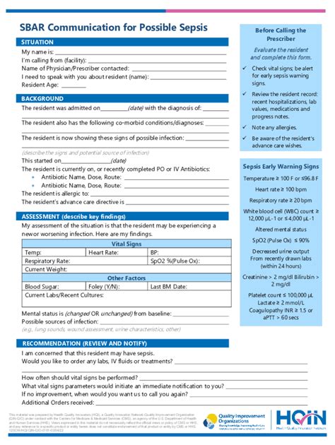Fillable Online Sbar Communication For Possible Sepsis Form Sheet Fax Email Print Pdffiller