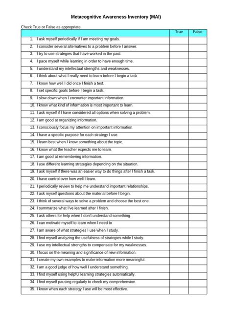 Metacognitive Skills Self Assessment Pdf Reading Comprehension Metacognition