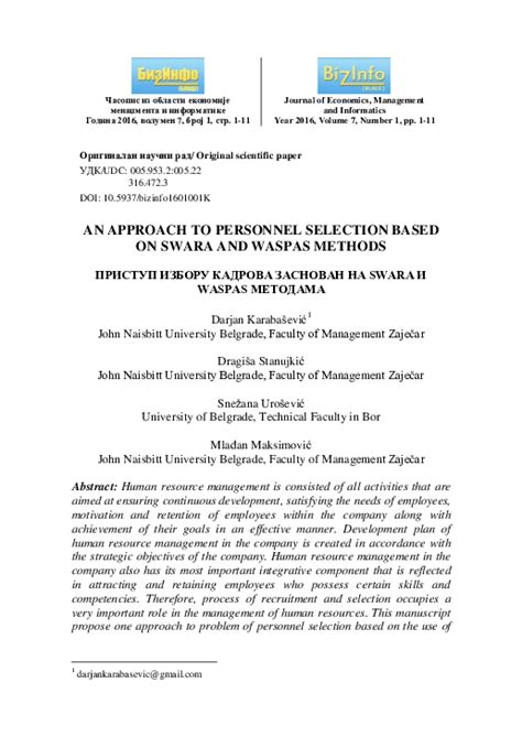 Pdf An Approach To Personnel Selection Based On Swara And Waspas Methods