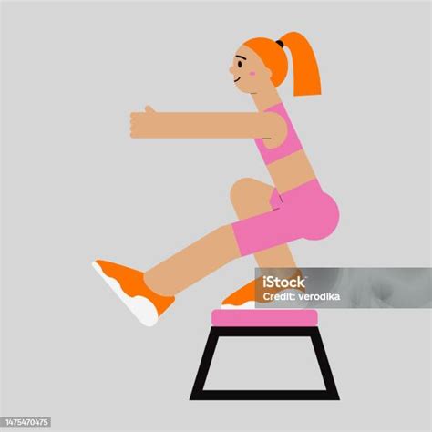 체육관에서 싱글 레그 스쿼트 운동을 하는 여자 네온 스포츠웨어를 입고 둔부 루틴 운동을 하는 플랫 여성 캐릭터 가냘픈에 대한 스톡 벡터 아트 및 기타 이미지 Istock