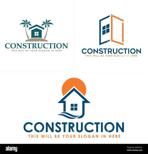 Modern Construction Home With Tree Palm And Sun Logo Design Stock