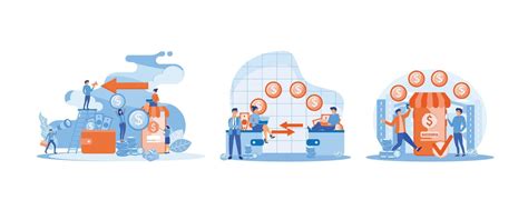 Financial Transactions Money Transfer Successful Transaction Set Flat Vector Modern