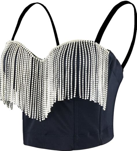 Ellacci Womens Tassel Rhinestone Bustier Crop Top Corset Top Bra Black Shopstyle