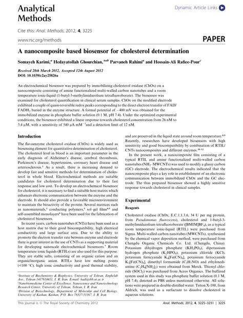 Pdf A Nanocomposite Based Biosensor For Cholesterol Determination