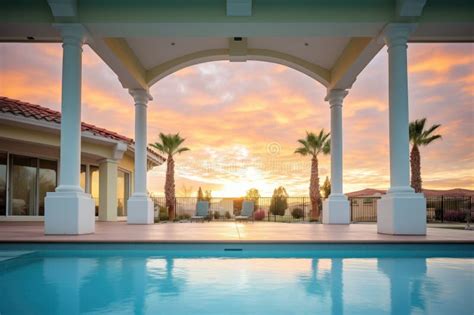 Sunset Over A Stucco House With Arches And Columns Stock Illustration
