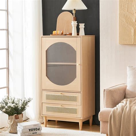 Redom Sideboard Schrank 1 Tür Aus Klarem Acryl 2 Schubladen Aus Rattan