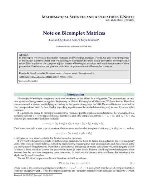 Note On Bicomplex Matrices Docslib