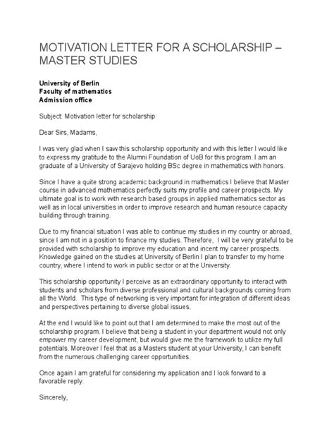 Example Of Motivational Letter For Scholarship 12 Scholarship