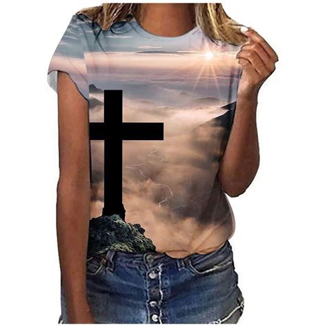 Jggspwm Womens Graphic Tops 3d Print Cross Print Belief Tee Shirts
