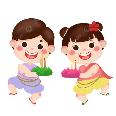 รูปเทศกาลลอยกระทงประเทศไทย ตัวการ์ตูน สไตล์ เด็กชายและเด็กหญิงน่ารักถือโคมไฟดอกบัวเต้นรำและสวด