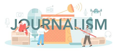 저널리즘 인쇄 상의 헤더 신문 텔레비전 및 라디오 기자 Tv 기자 마이크 매스 미디어 직업 벡터 평면 그림으로 사람을 인터뷰 프리미엄 벡터