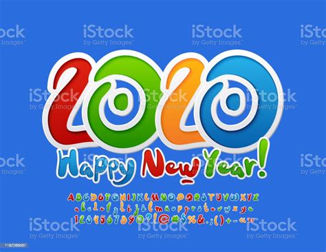 벡터 밝은 인사말 카드 어린이를위한 새해 복 구 해 2020 다채로운 알파벳 문자와 숫자 12월에 대한 스톡 벡터 아트 및 기타