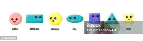 어린이 교육을 위한 귀여운 기하학적 기본모든 모양 원형 직사각형 정사각형 및 십자가 만화 얼굴 격리된 기하 도형 벡터 요소 0명에 대한 스톡 벡터 아트 및 기타 이미지