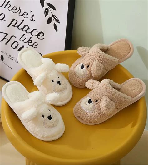 Womens Cartoon Bear Fluffy Slippers Thick Soft Warm Couple Anti Slip