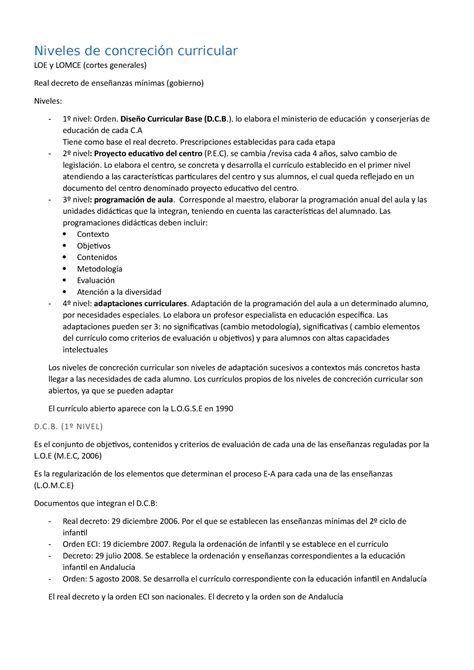 Niveles de concreción curricular Diseño Curricular Base D C lo elabora el ministerio de