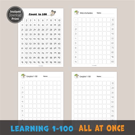 Printable Number 100 Workbook Worksheet Writing Template 1 100 Chart