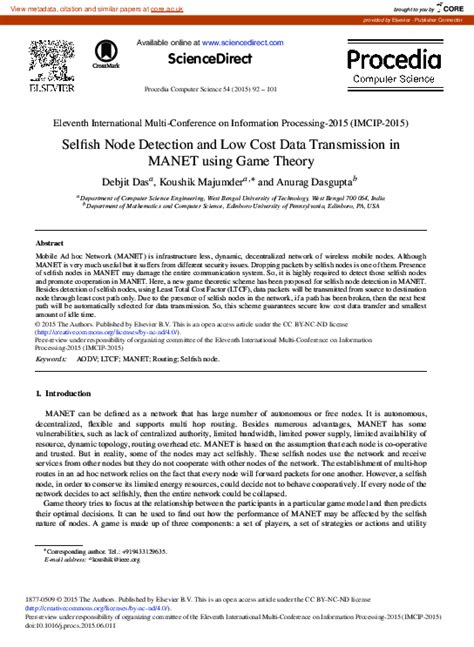 Pdf Selfish Node Detection And Low Cost Data Transmission In Manet