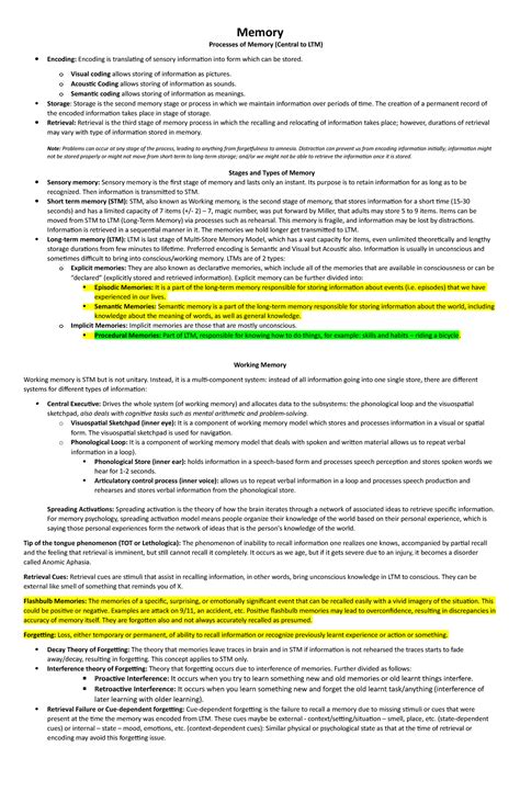 memory lecture notes memory processes of memory central to ltm