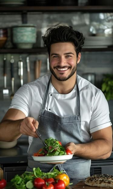 Premium Photo Male Model Looking Shef Wearing Apron Smiling At Camera