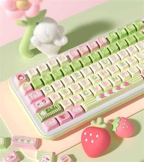 Kawaii Gaming Strawberry Milk Bunny Themed Keycaps Pbt 158 Set Mda Or