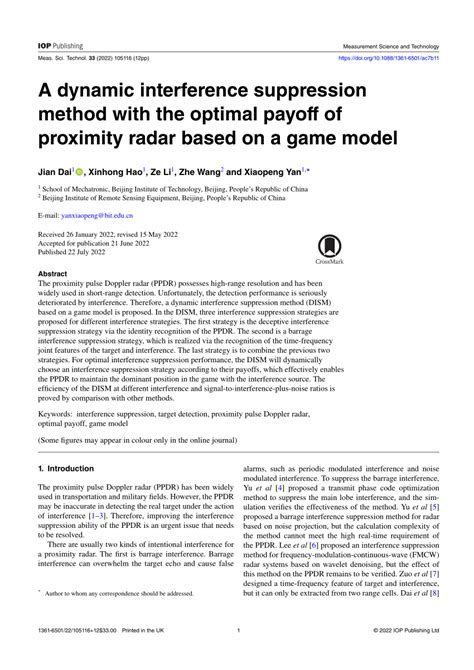 A Dynamic Interference Suppression Method With The Optimal Payoff Of Proximity Radar Based On A