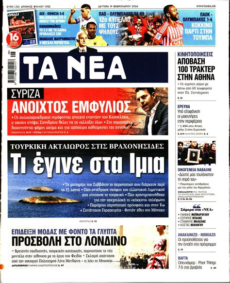 ΤΑ ΝΕΑ Πρωτοσέλιδο Εφημερίδας
