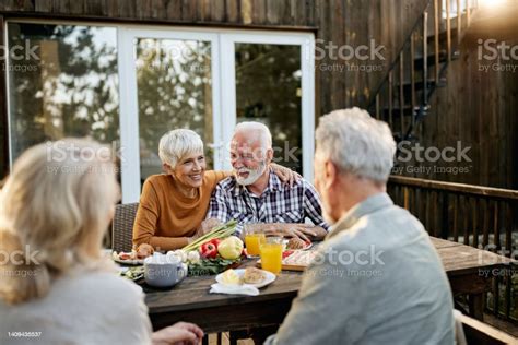 안뜰에서 식사를하는 동안 친구들과 함께 즐기는 노인 커플을 포용했습니다 봄에 대한 스톡 사진 및 기타 이미지 봄 중년 커플