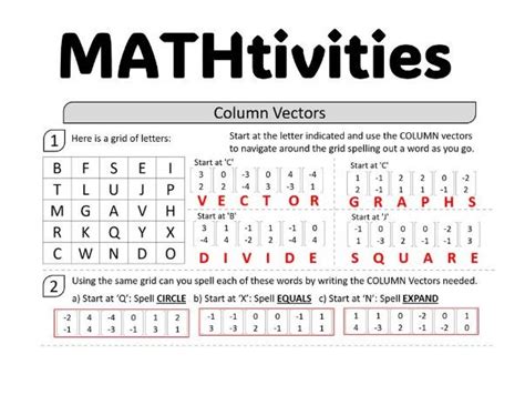 Column Vector Activity Sheet With Answers Teaching Resources